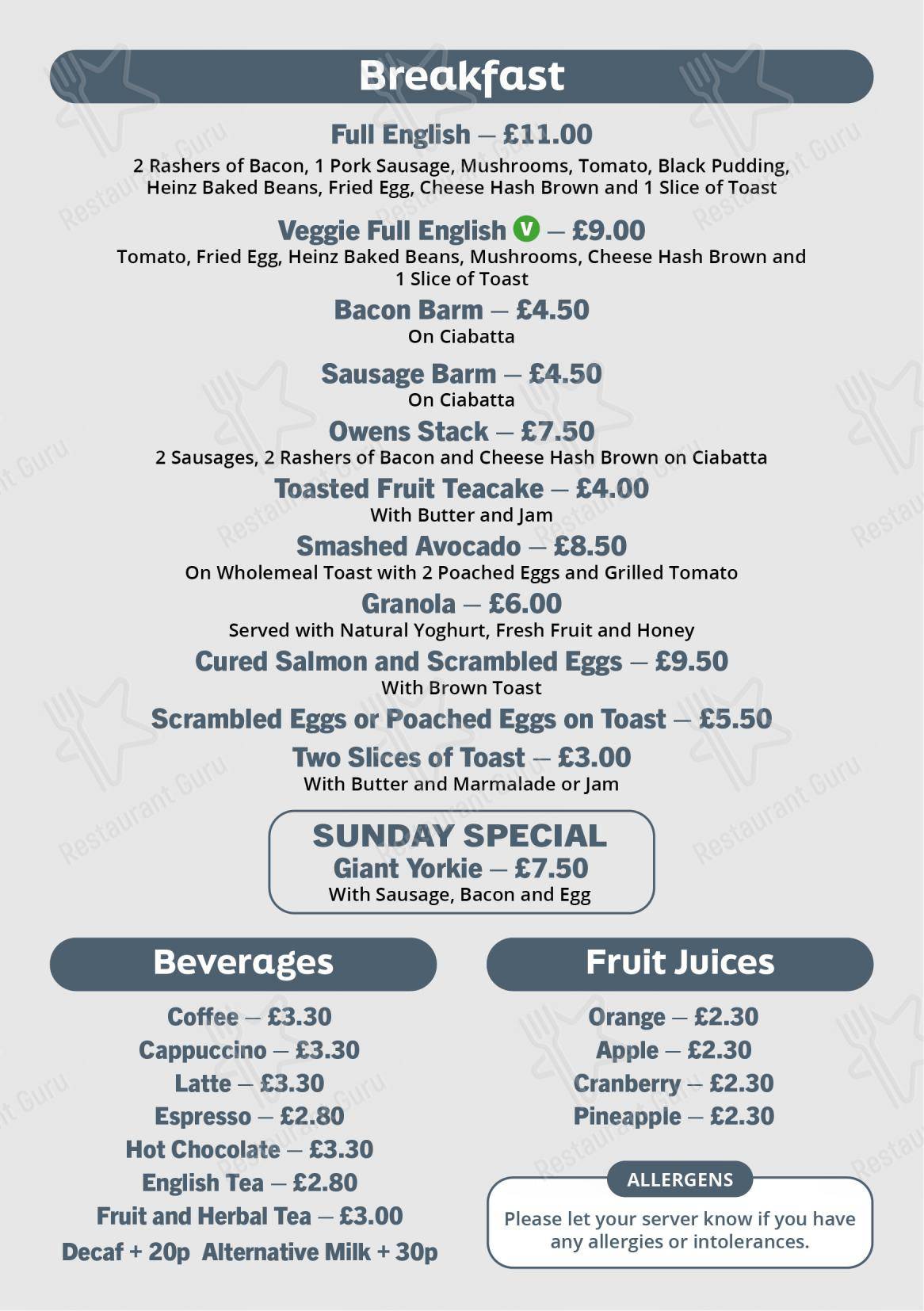 Menu at Owens restaurant, Ramsbottom