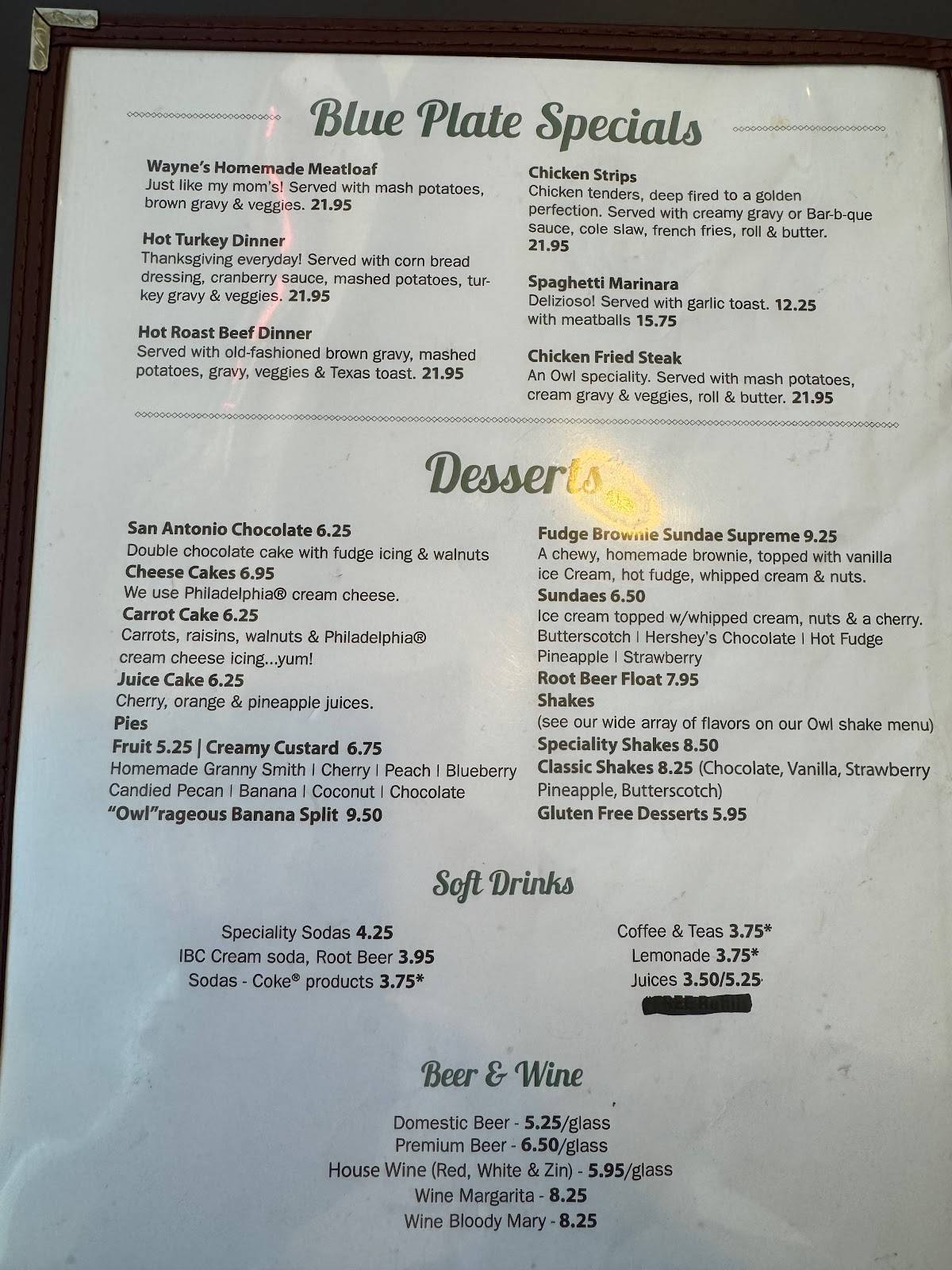 Menu at Owl Cafe, Albuquerque, 800 Eubank Blvd NE