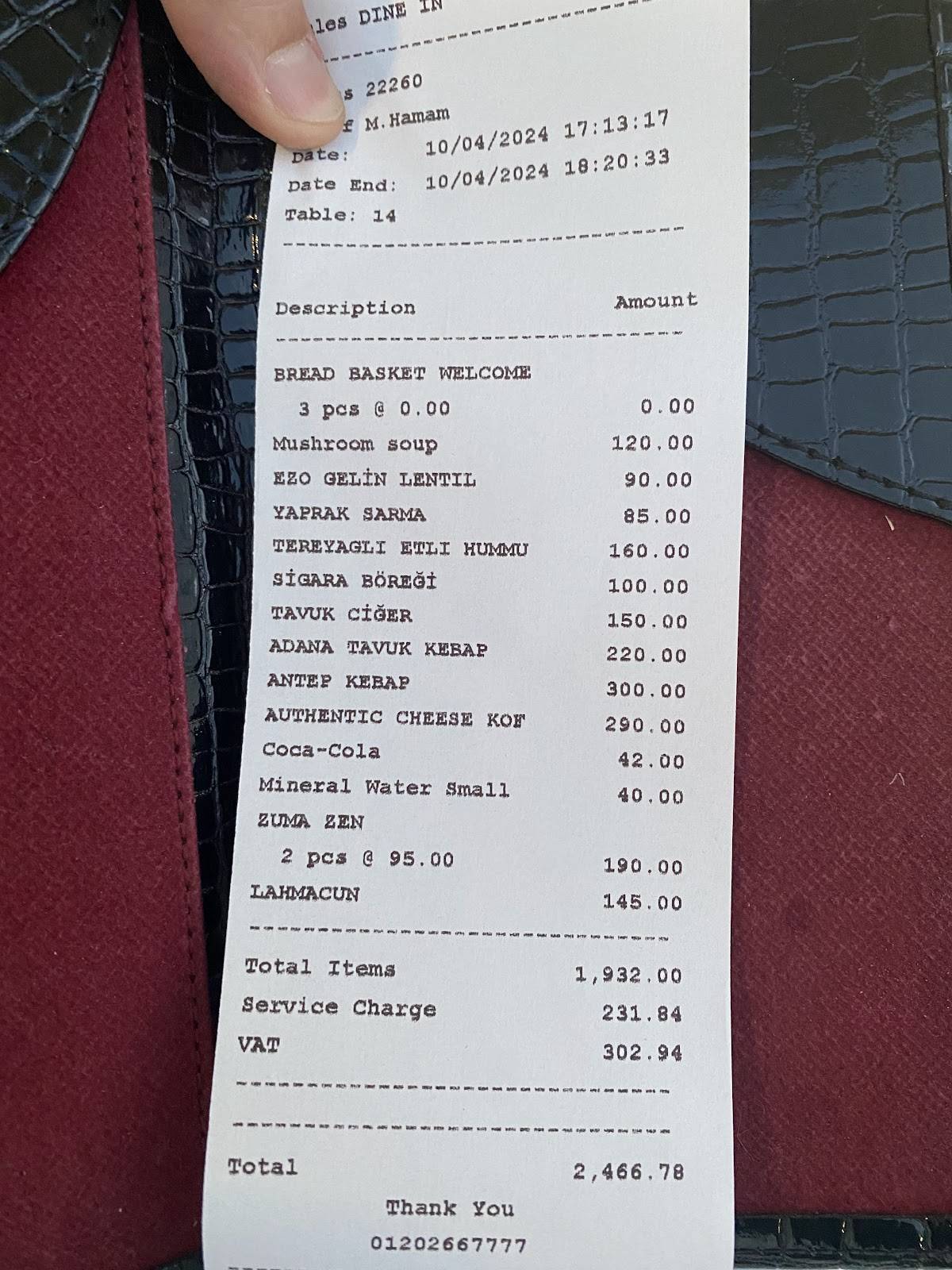 Menu at Ozel restaurant, New Cairo City