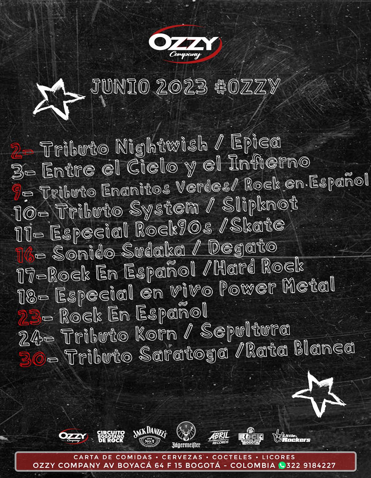 Carta del pub y bar Ozzy Company, Bogotá