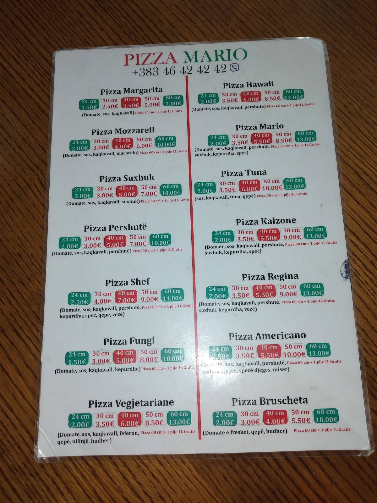 Menu at PIZZA MARIO restaurant, Skenderaj