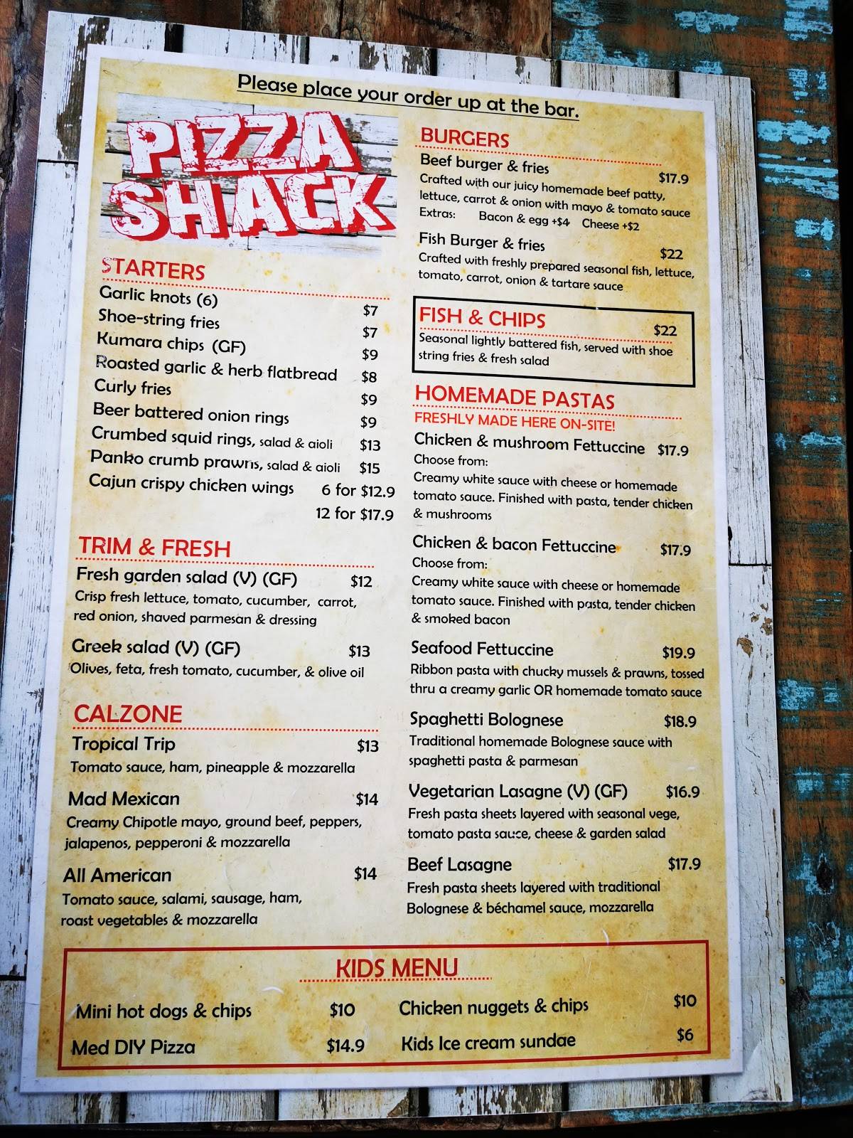 Menu at PIZZA SHACK pizzeria, Paihia