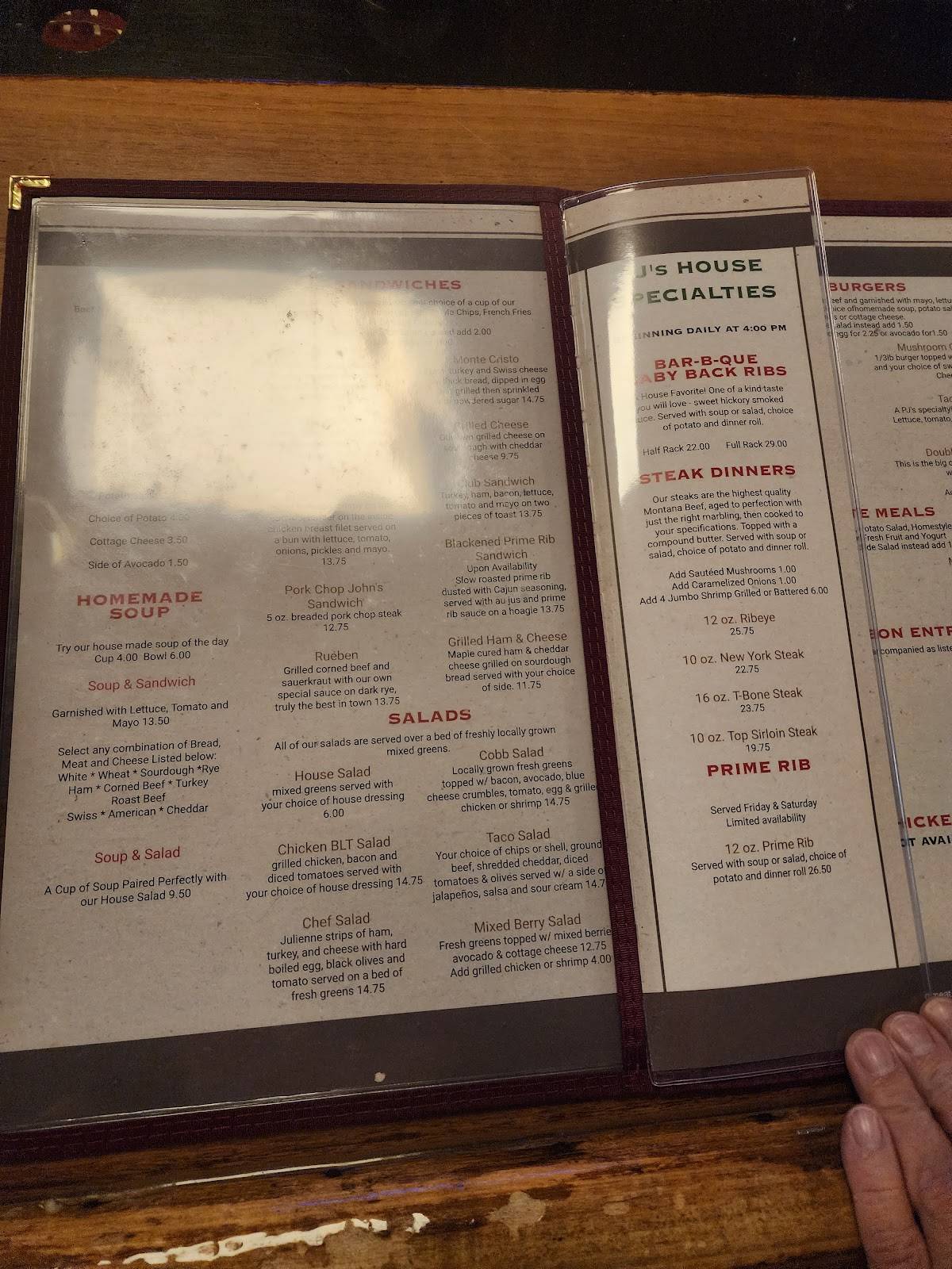 Menu at PJ's restaurant, Havre