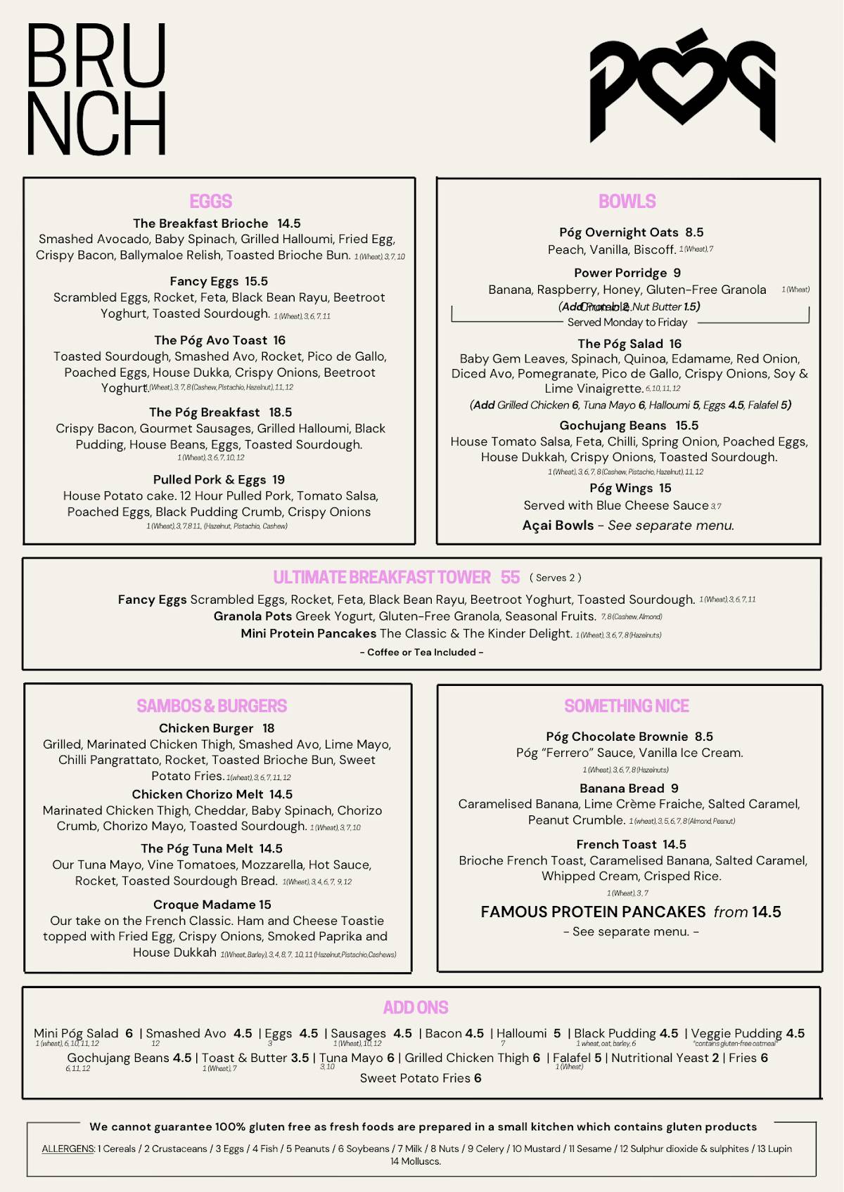 Menu at POG Howth restaurant, Ireland, Island View House