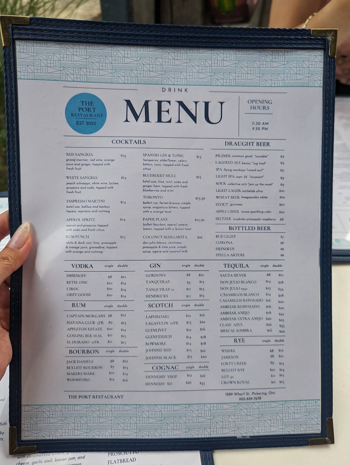 Menu at PORT restaurant, Pickering