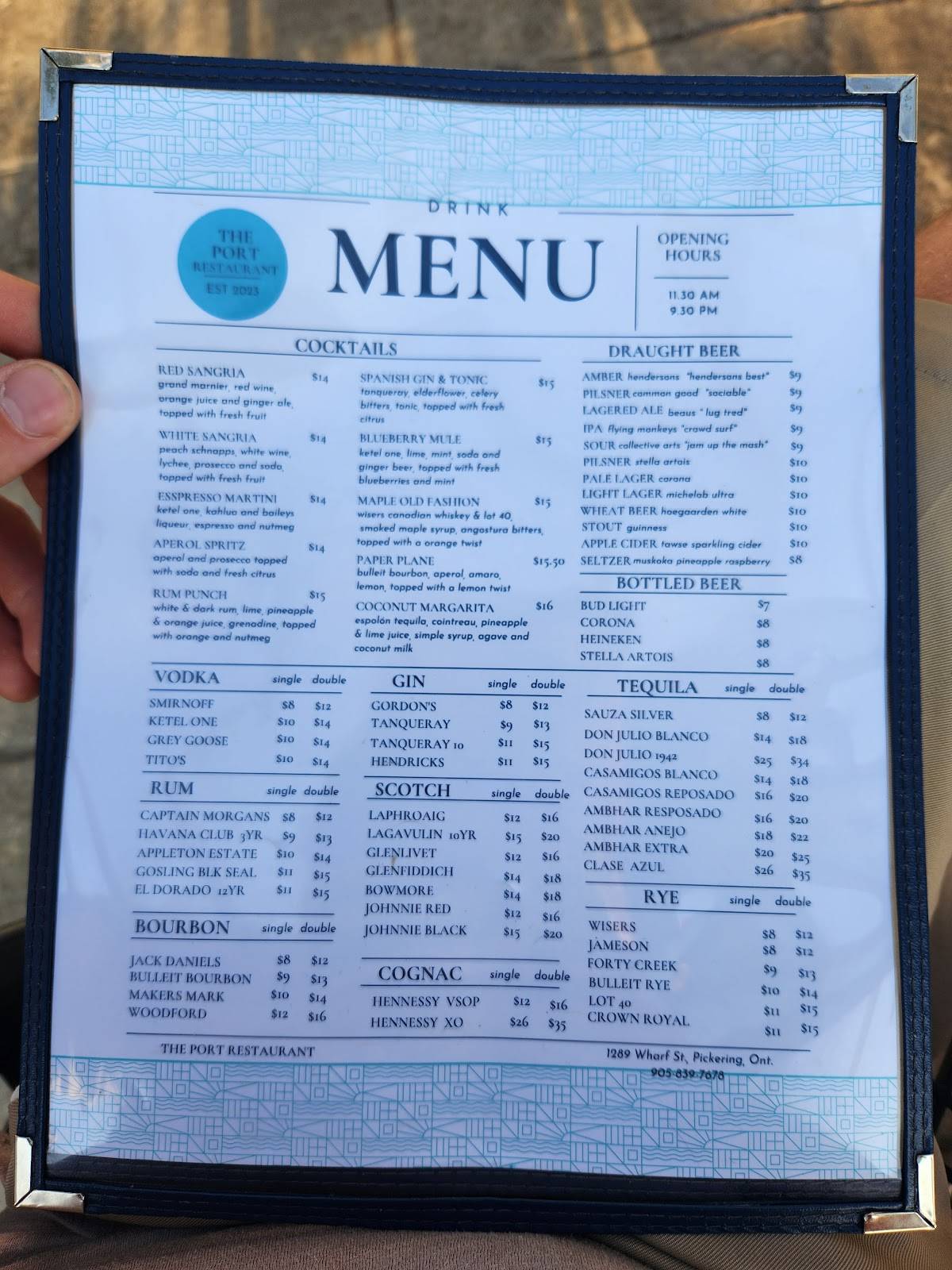 Menu at PORT restaurant, Pickering