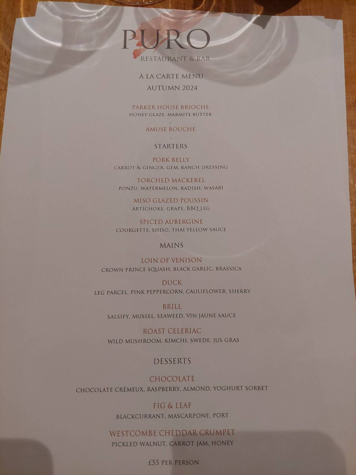Menu at PURO pub & bar, Clevedon