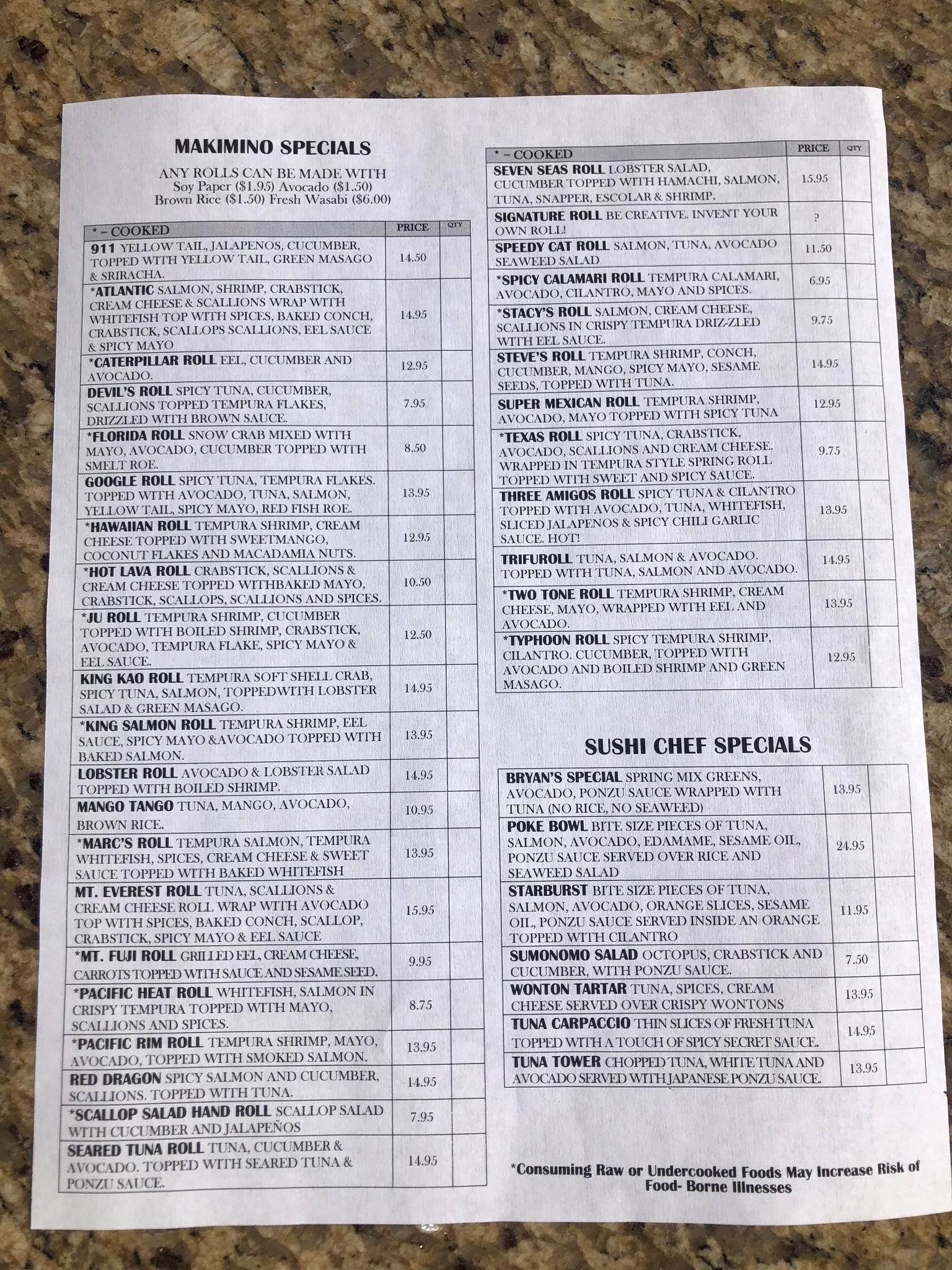 Menu at Pacific Rim restaurant, Sarasota