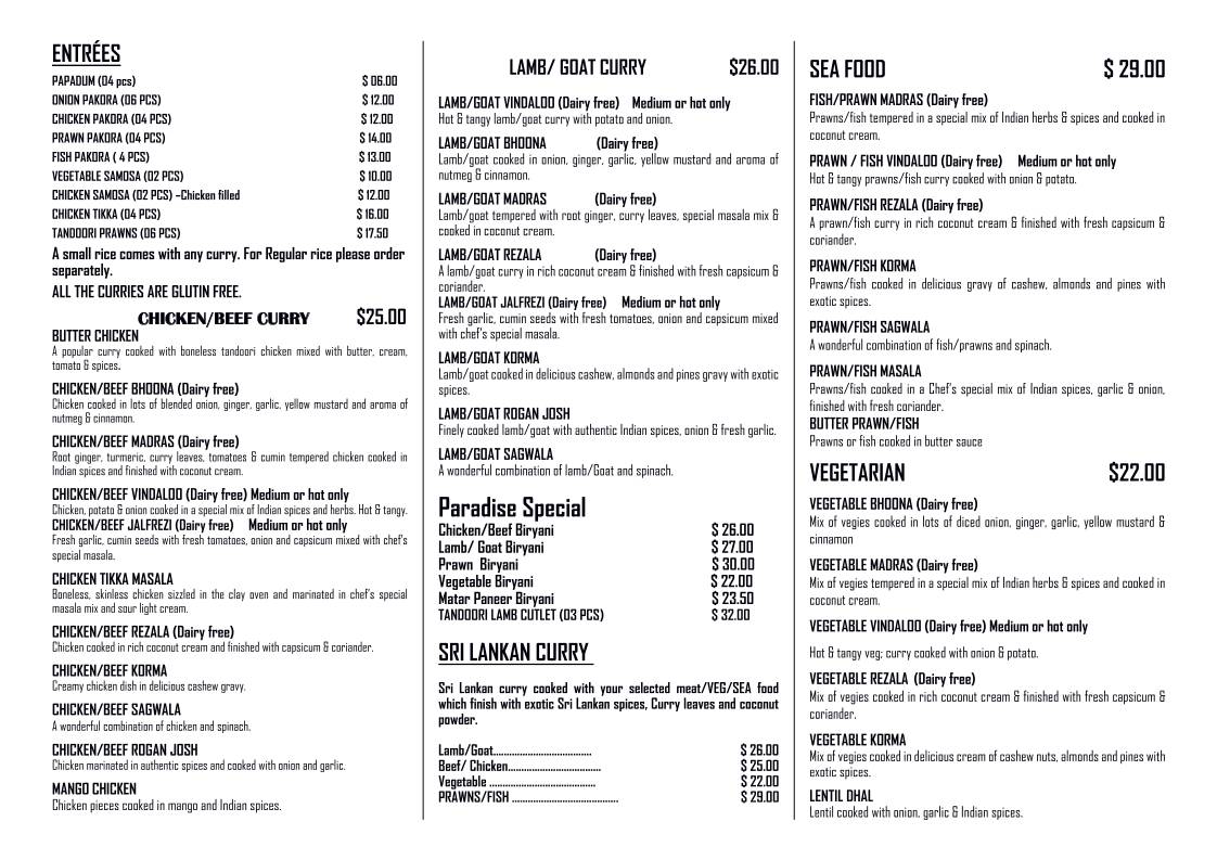 Menu at Pacific paradise Indian restaurant & cafe, Mudjimba