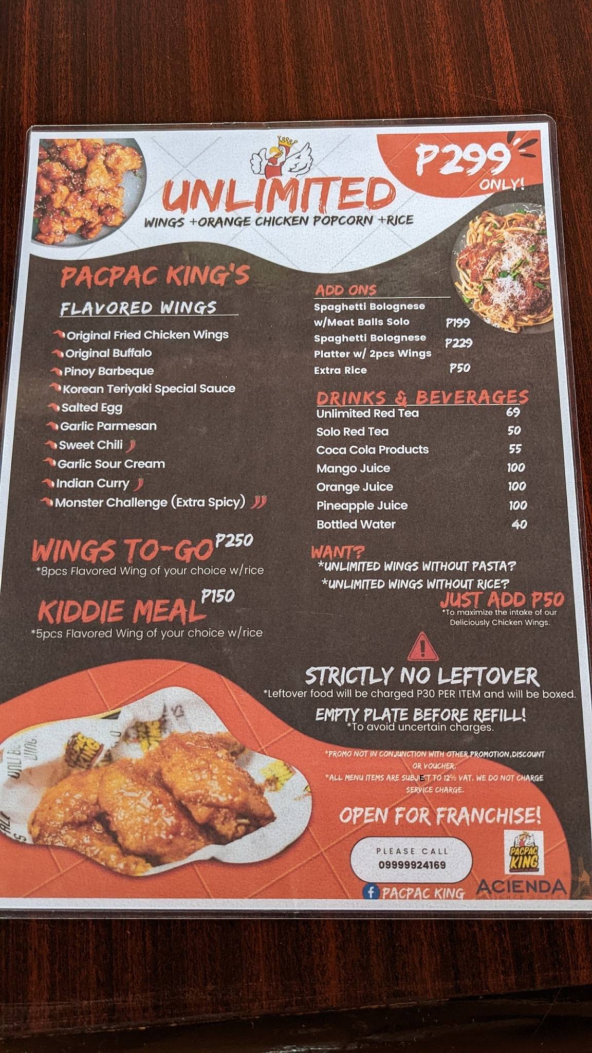 Menu at Pacpac King restaurant, Silang