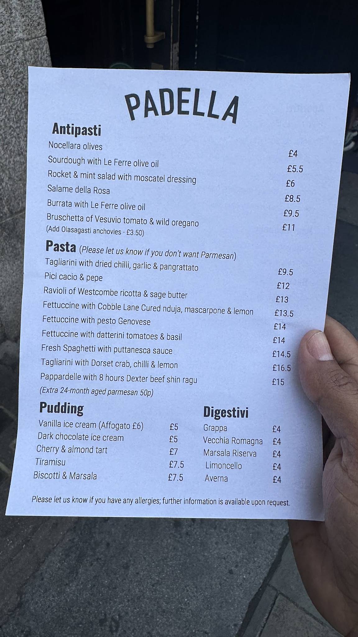 Menu at Padella restaurant, London, Borough Market