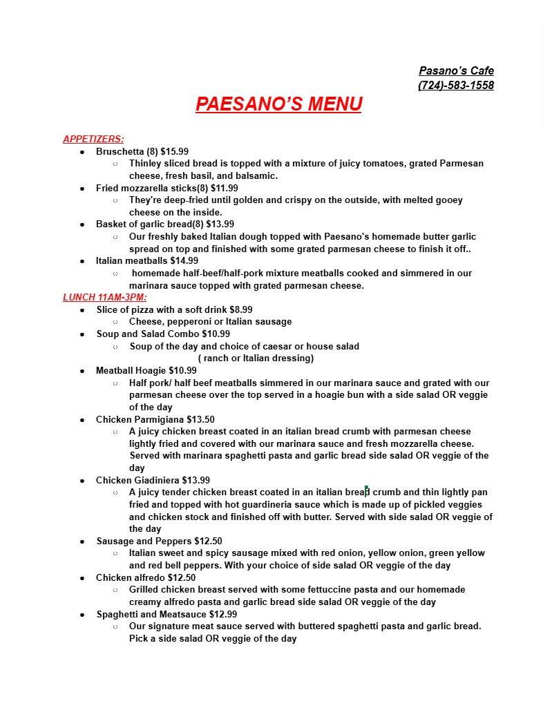 Menu at Paesano's Italian Restaurant, Masontown