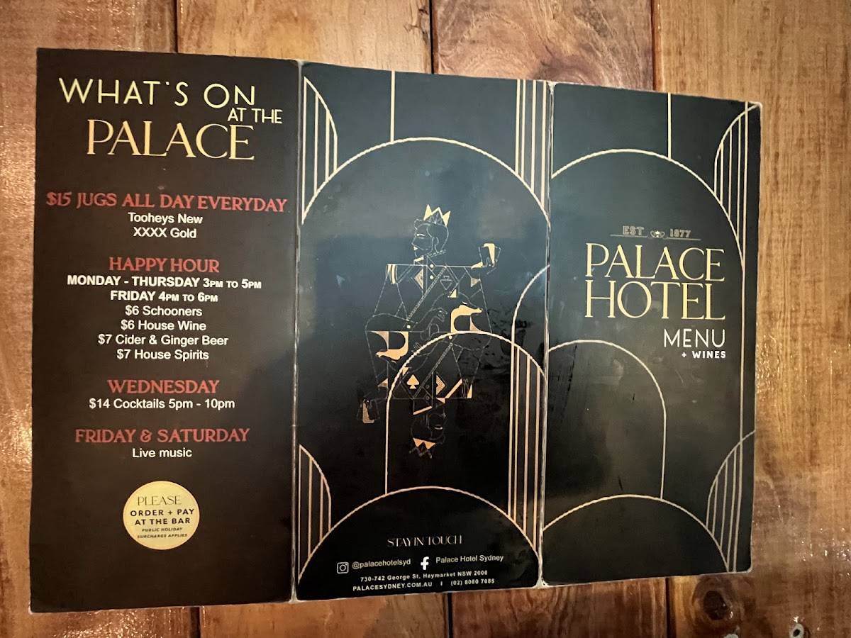 Menu at Palace Hotel since 1877 pub & bar, Haymarket, 730-742 George St