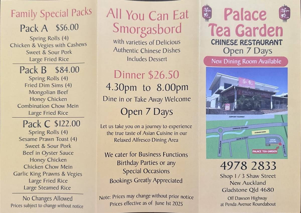 Menu at Palace Tea Garden Chinese Restaurant, New Auckland