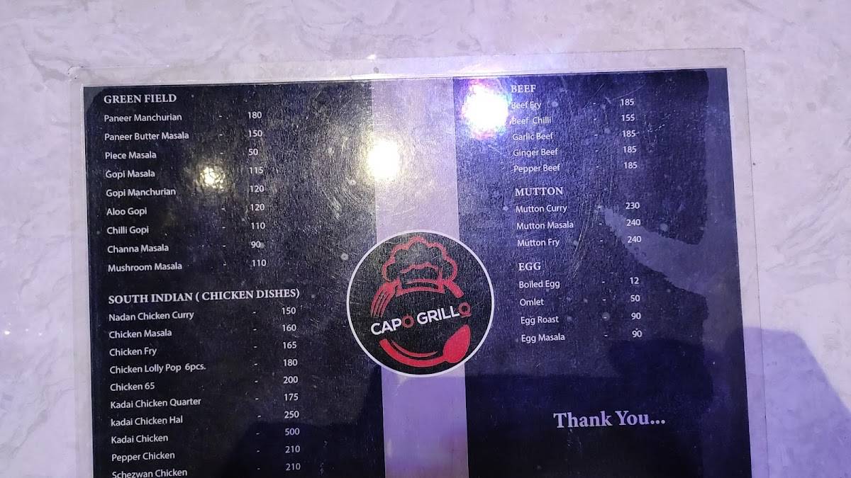 Menu at Capo Grillo, Palakkad