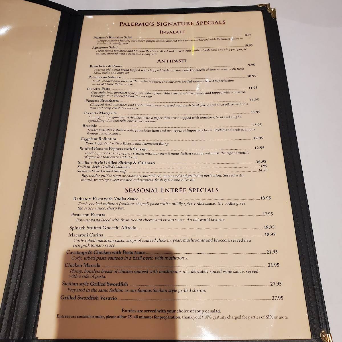 Menu at Palermo's 95th Italian Cuisine pizzeria, Oak Lawn, 95th St