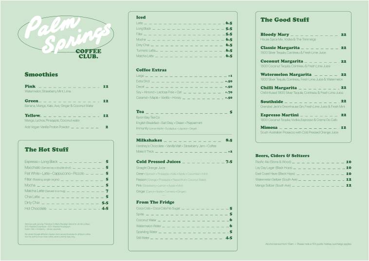 Menu at Palm Springs Burleigh cafe, Burleigh Heads