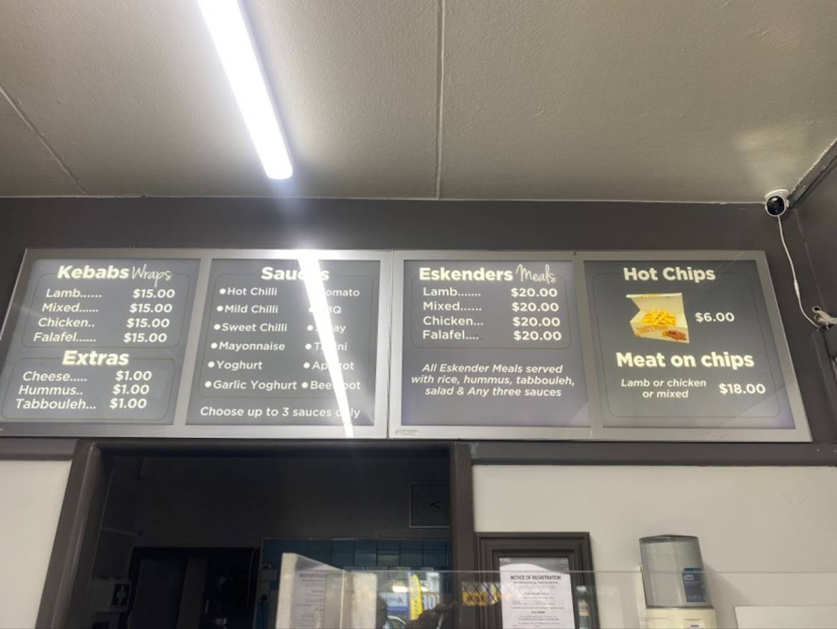 Menu at Palms Kebabs restaurant, Lower Hutt
