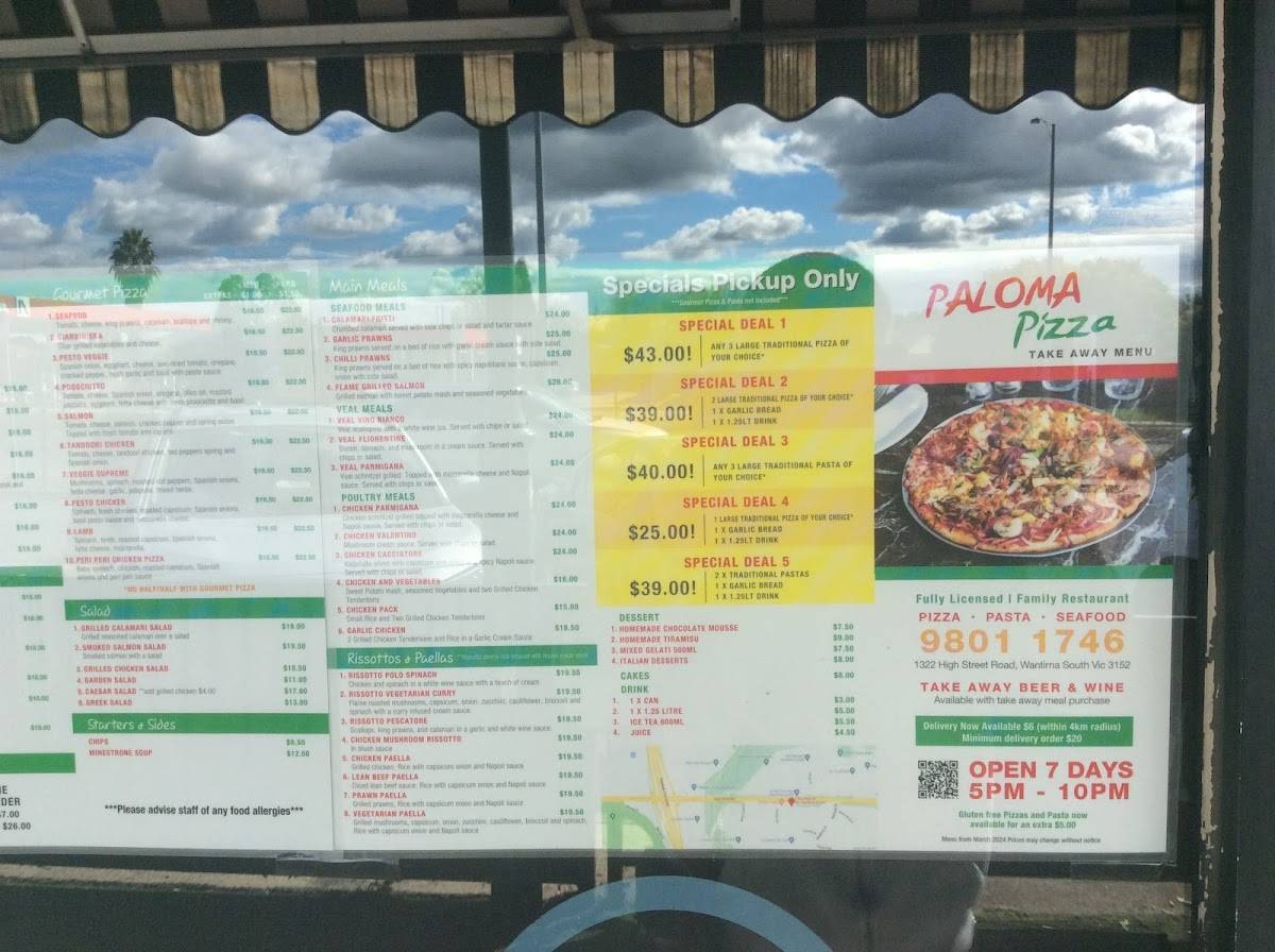 Menu at Paloma Pizza & Pasta Restaurant, Wantirna South