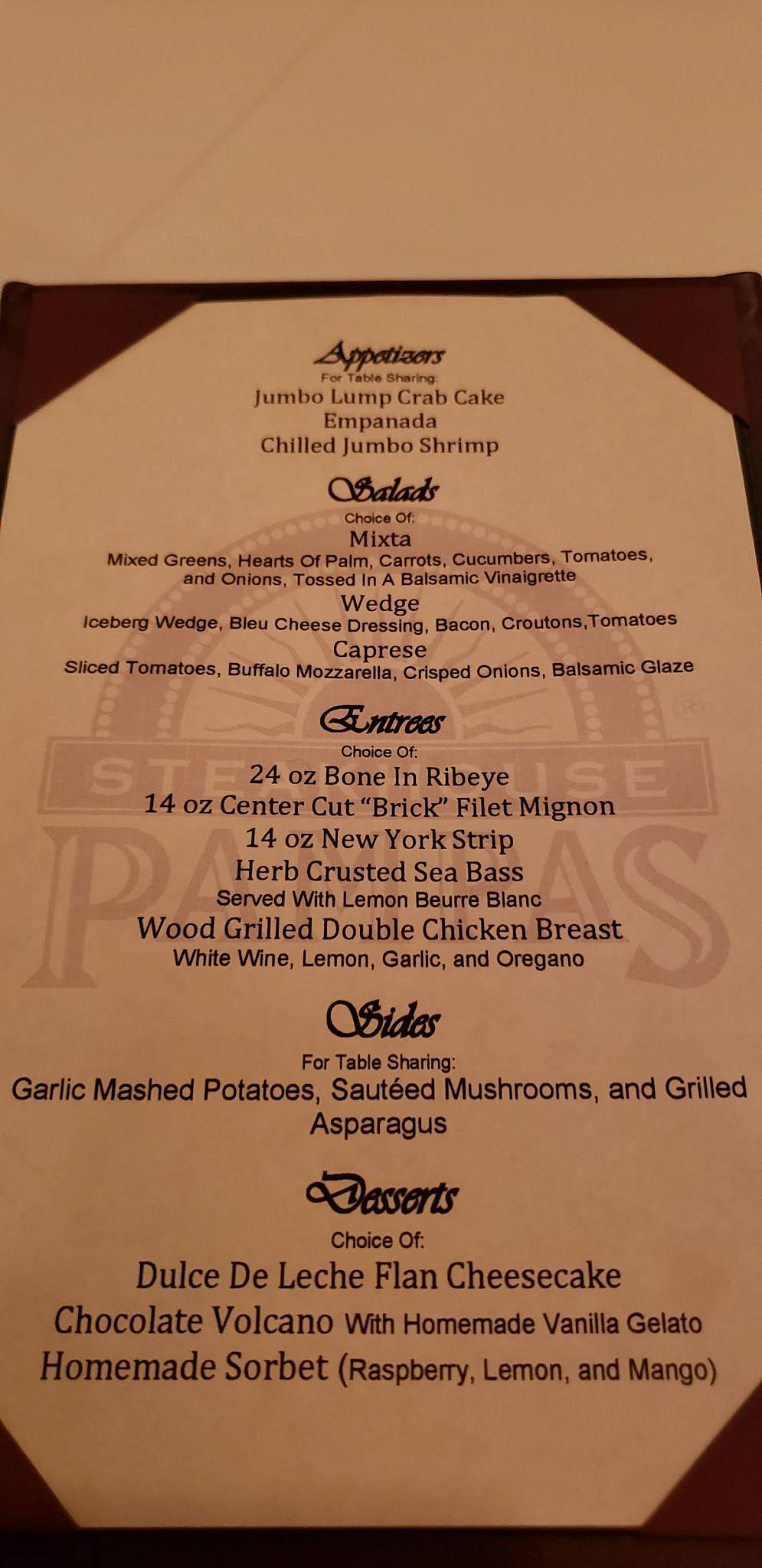 Menu at Pampas Steakhouse, Johns Creek