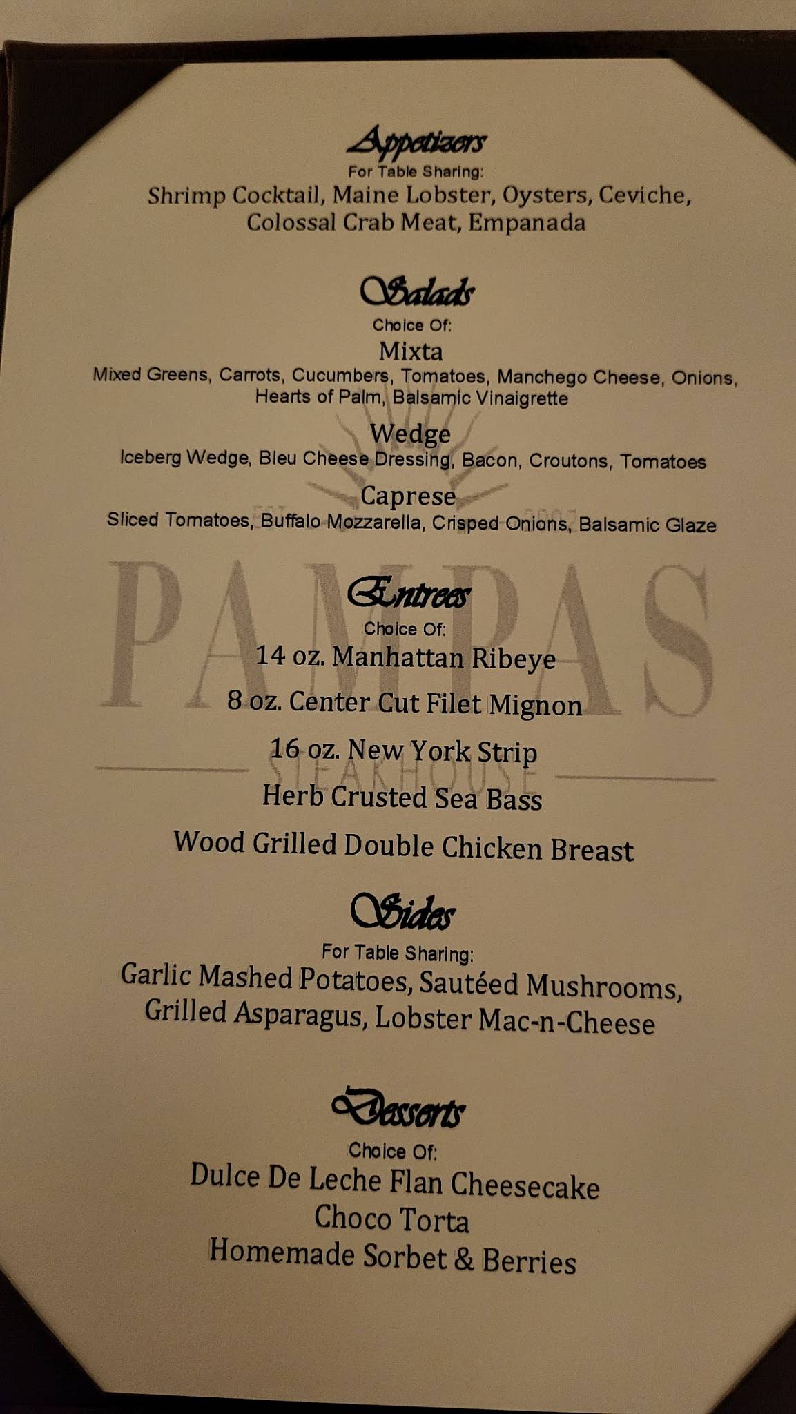 Menu at Pampas Steakhouse, Johns Creek