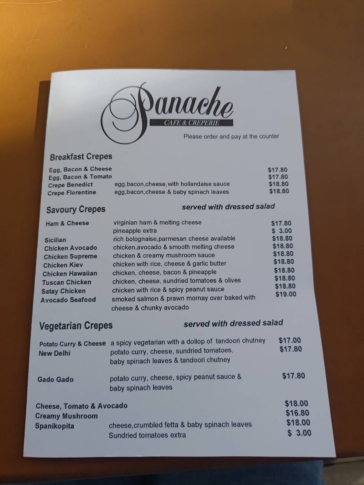 Menu at Panache Cafe and Creperie, Geelong, 5/6-8 Eastern Beach Rd