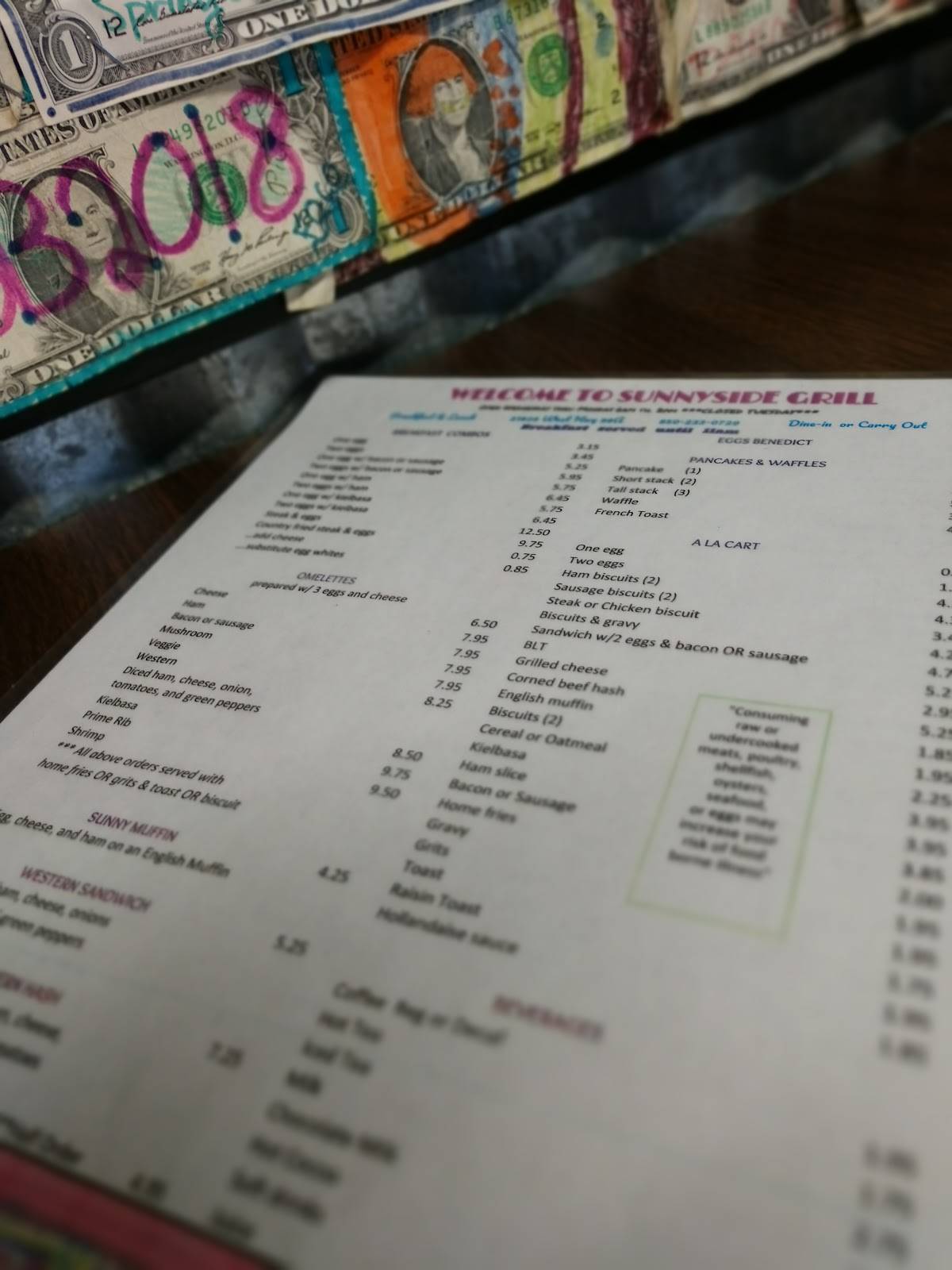 Menu at Sunnyside Grill restaurant, Panama City Beach