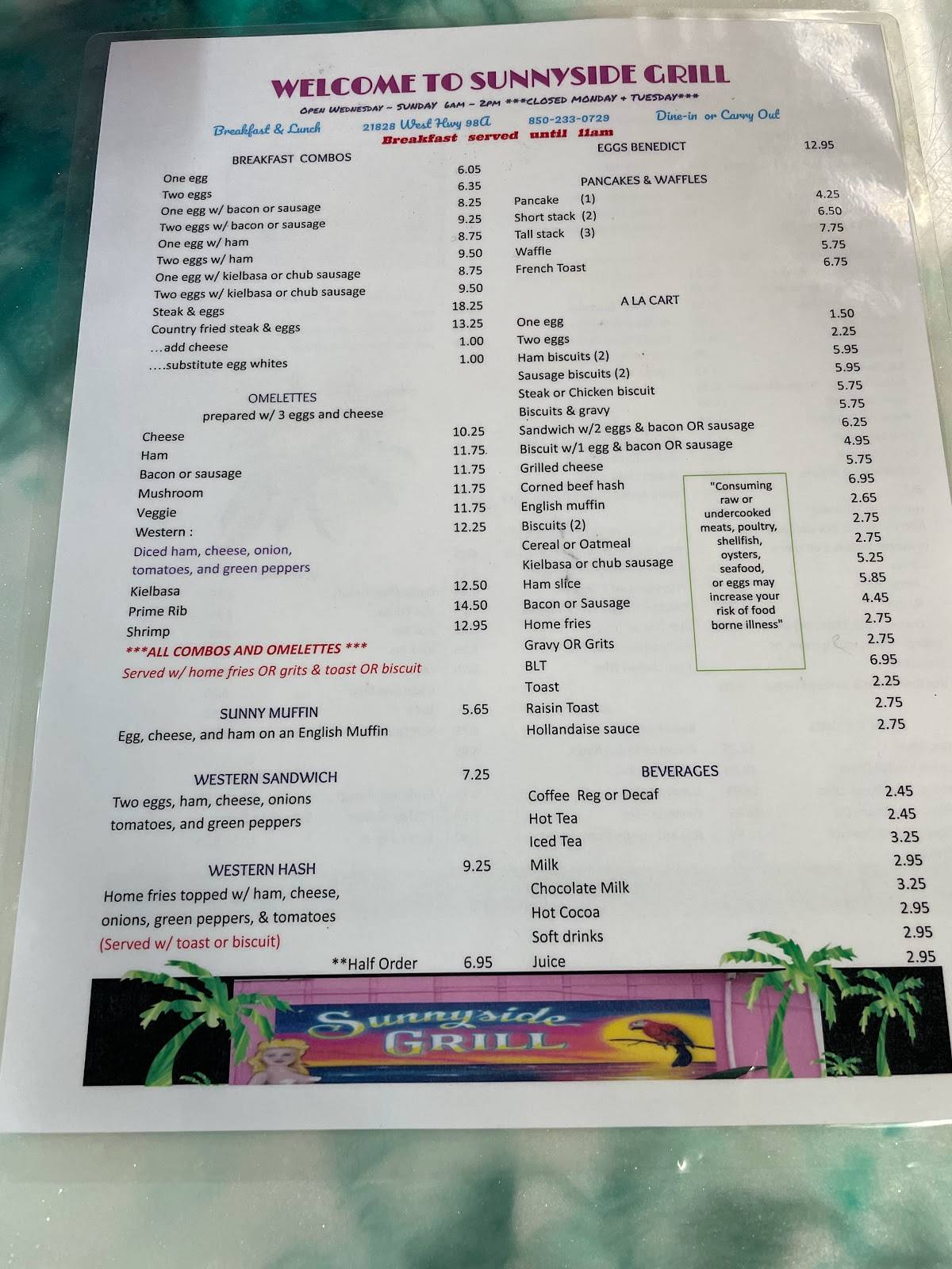 Menu at Sunnyside Grill restaurant, Panama City Beach