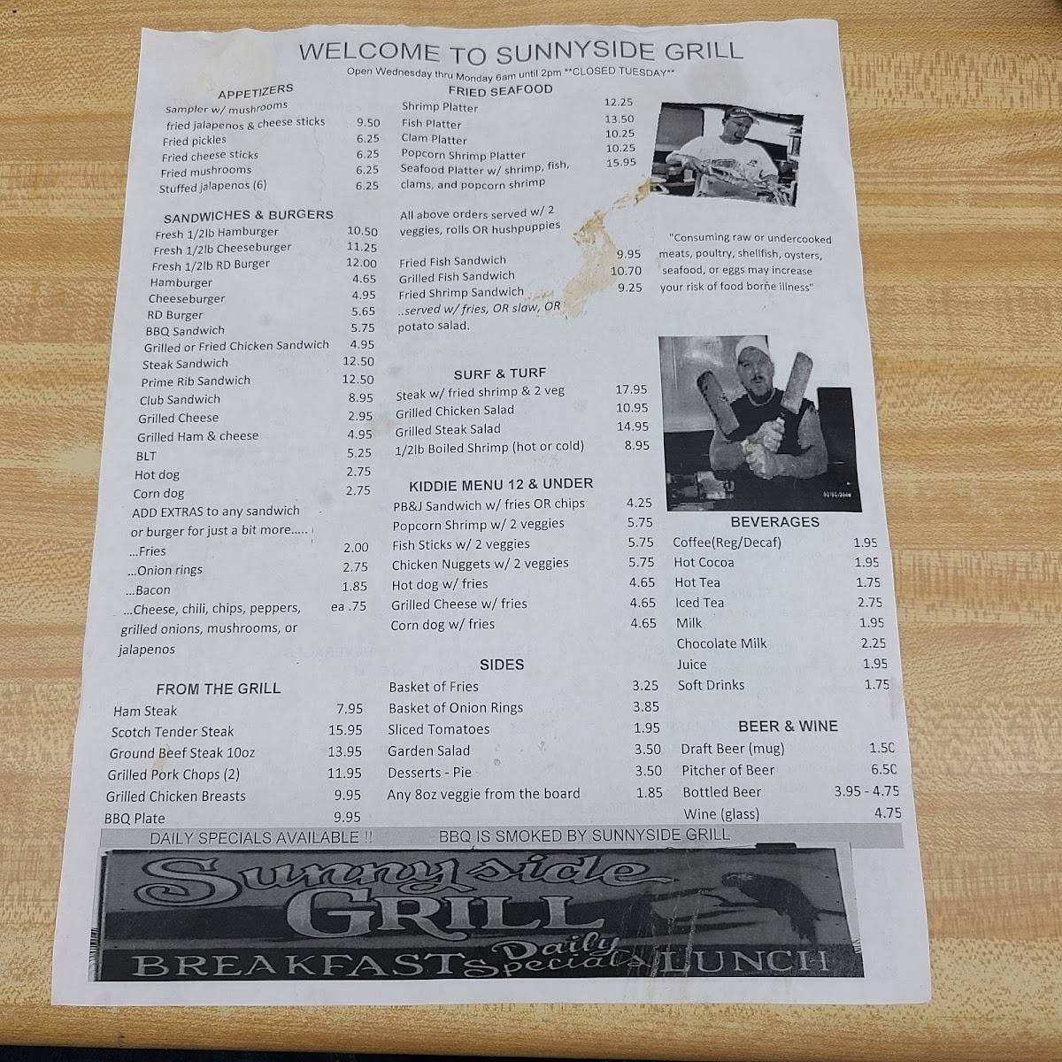 Menu at Sunnyside Grill restaurant, Panama City Beach