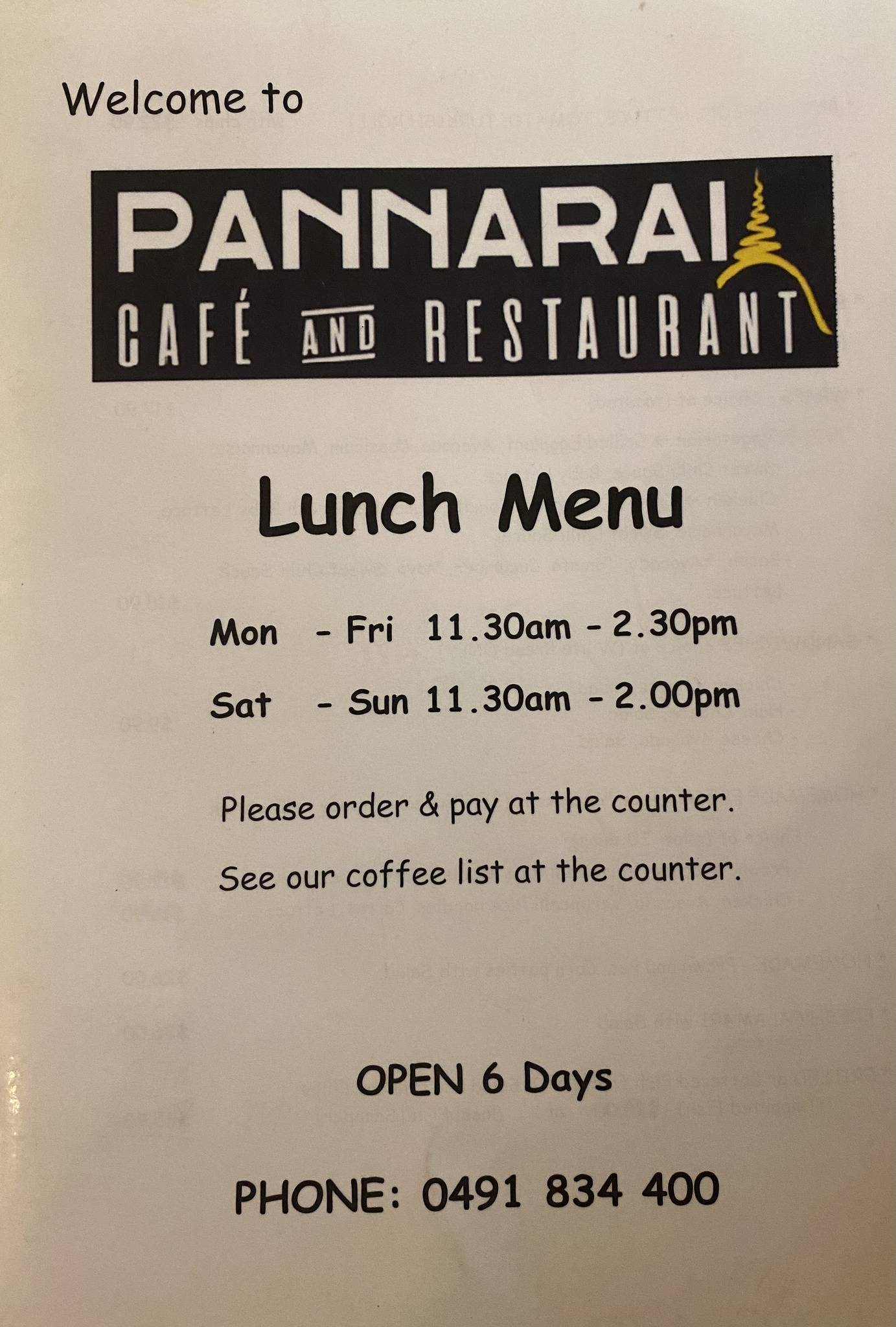 Menu at Pannarai - Cafe & Restaurant, Dongara