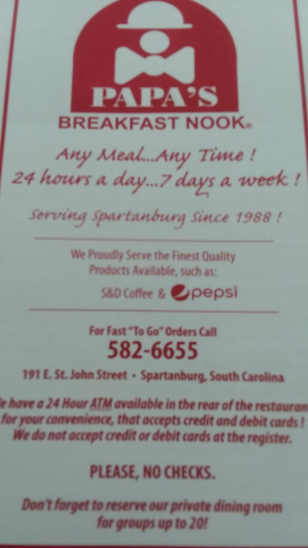 Menu at Papa's Breakfast Nook restaurant, Spartanburg