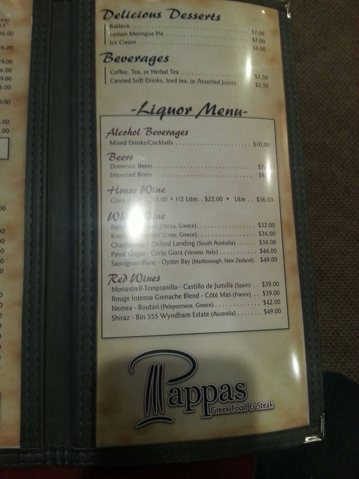 Menu at Pappas Greek Food & Steak restaurant, Winnipeg