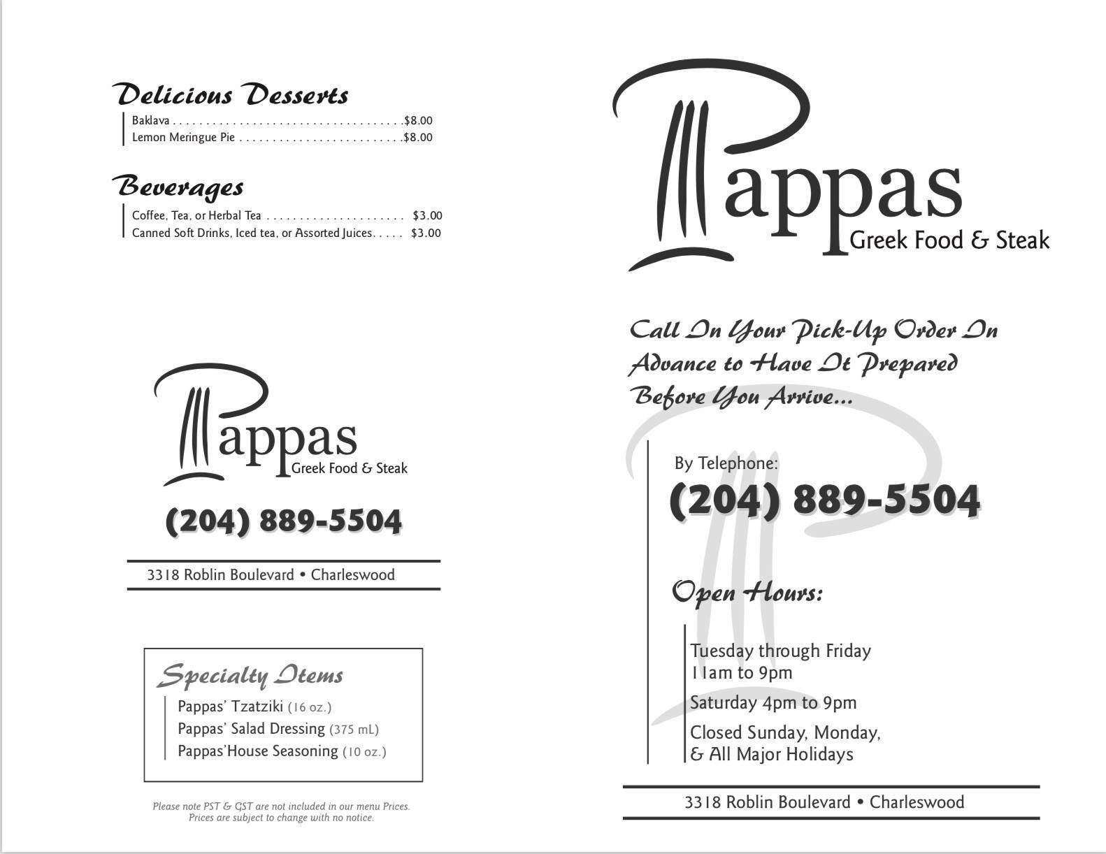 Menu at Pappas Greek Food & Steak restaurant, Winnipeg
