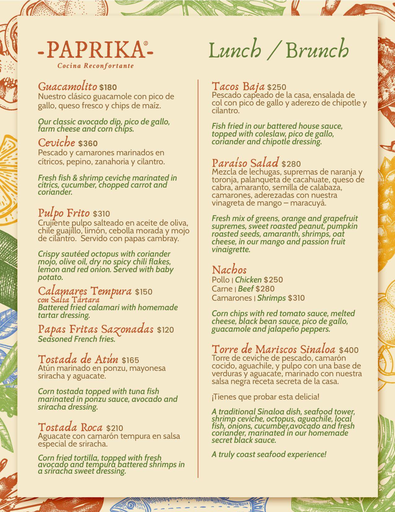 Menu at Paprika Mexican & Caribbean kitchen restaurant, San Miguel de ...