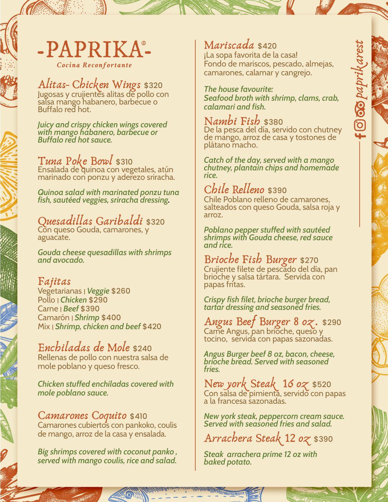 Menu at Paprika Mexican & Caribbean kitchen restaurant, San Miguel de ...