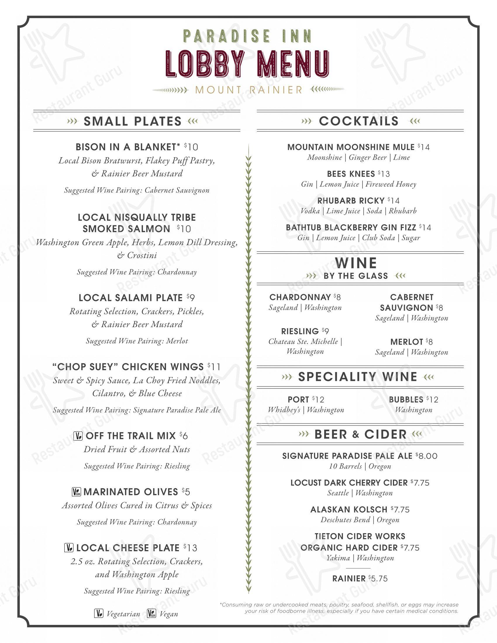 Menu at Paradise Inn Dining Room restaurant, USA