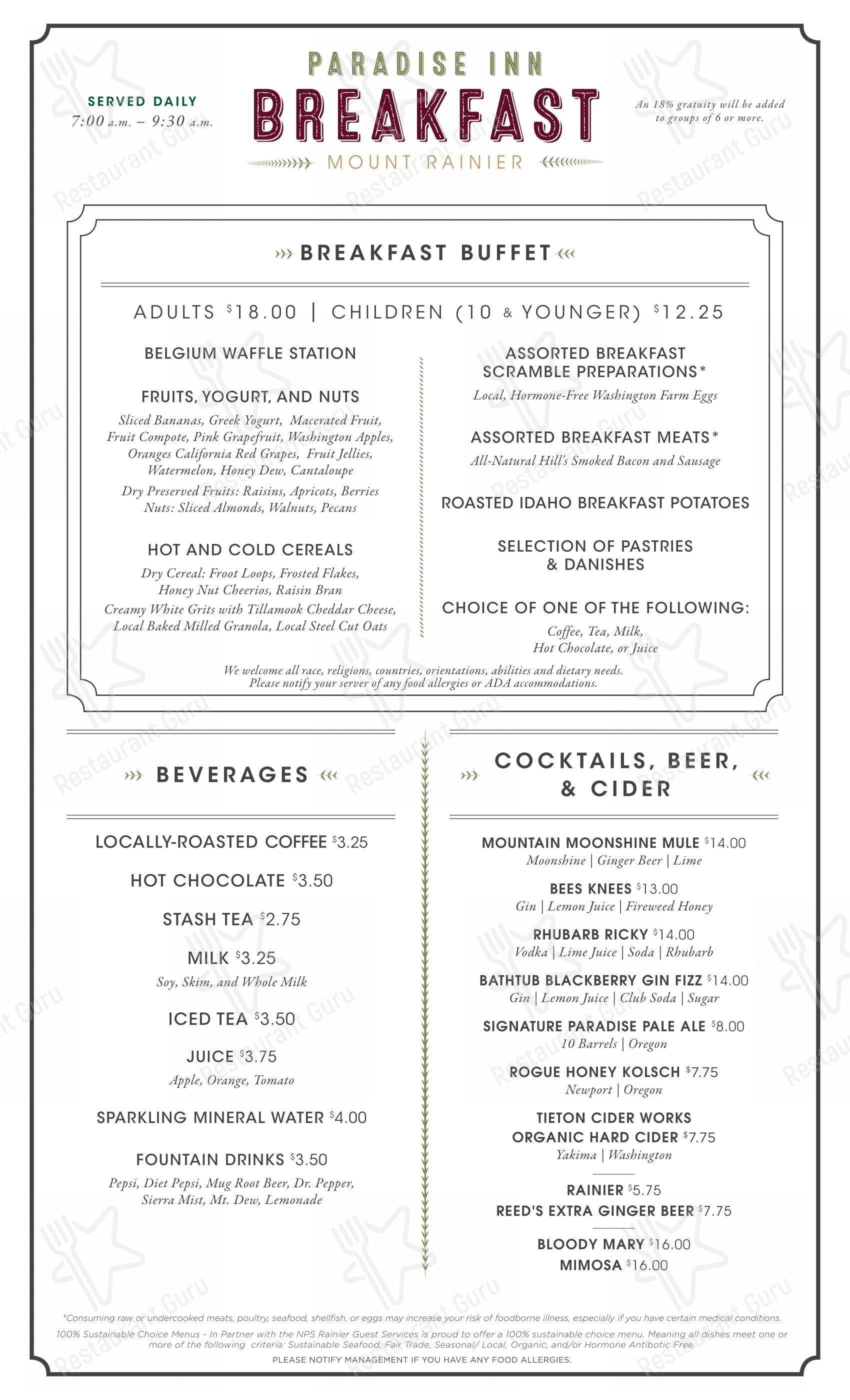 Menu at Paradise Inn Dining Room restaurant, USA