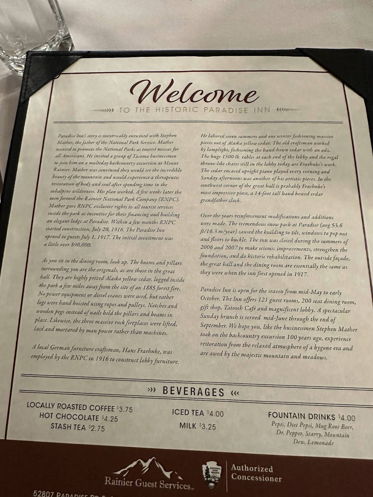 Menu at Paradise Inn Dining Room restaurant, USA