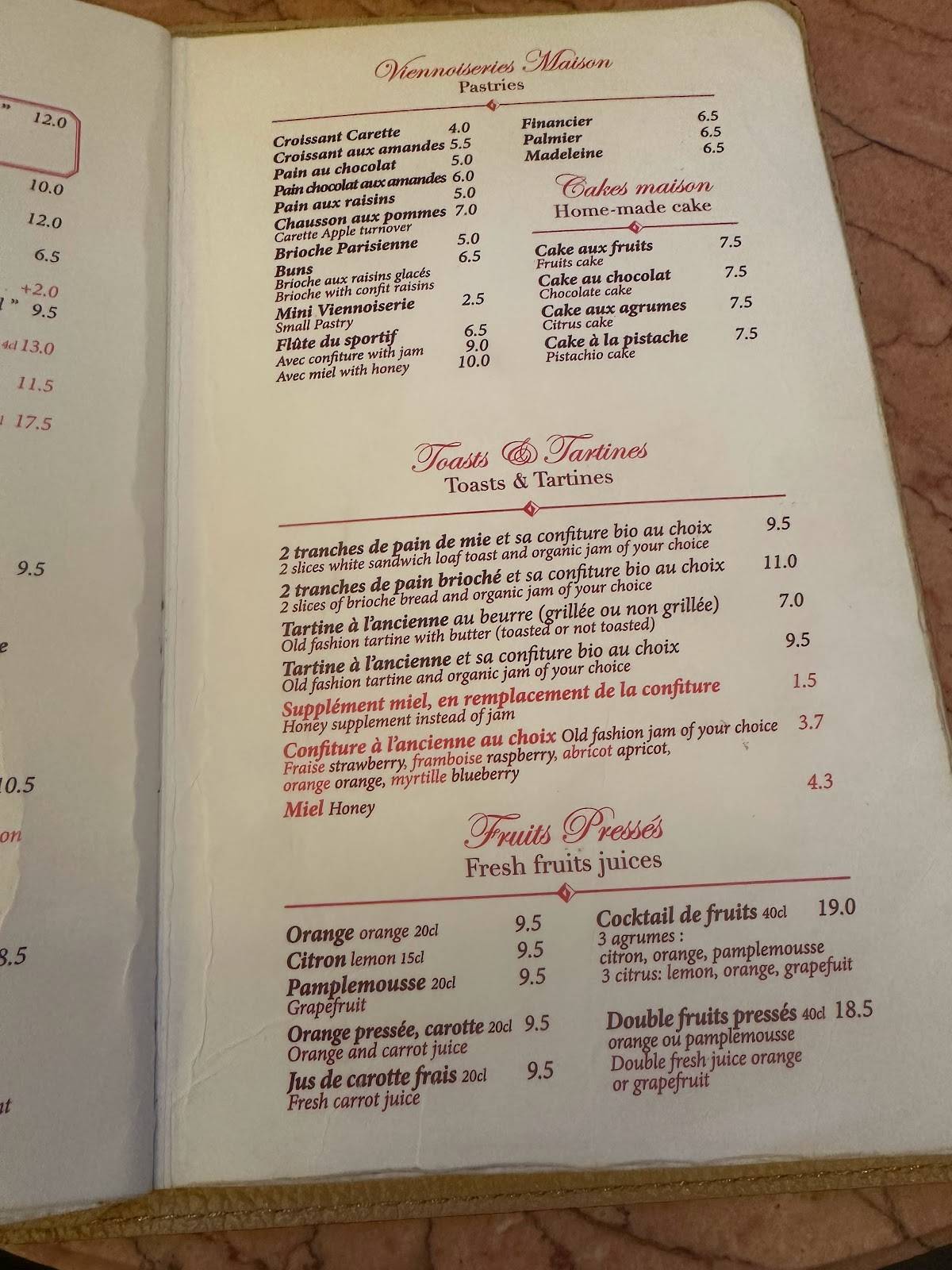Menu at Carette pub & bar, Paris, 25 Pl. des Vosges