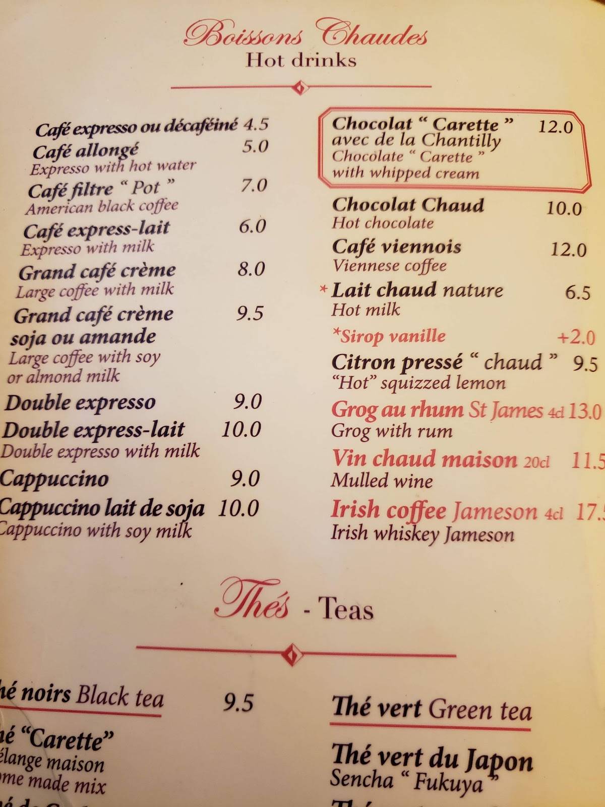 Menu at Carette pub & bar, Paris, 25 Pl. des Vosges