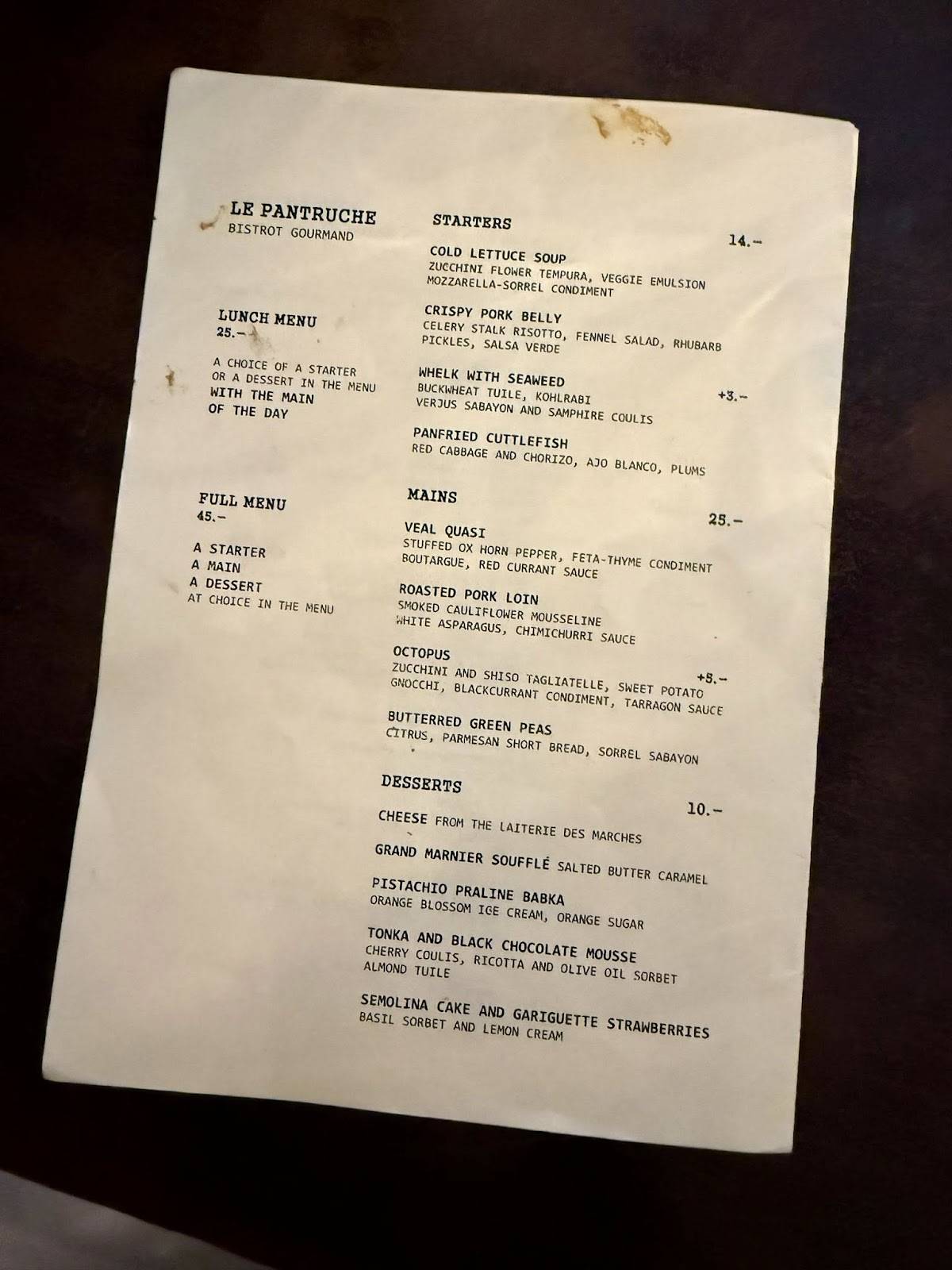 Menu at Le Pantruche restaurant, Paris, 3 Rue Victor Massé