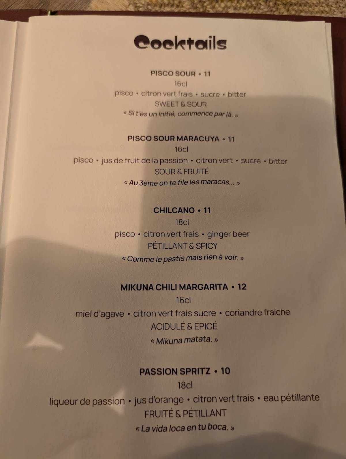 Carta del restaurante Mikuna Sentier, Paris