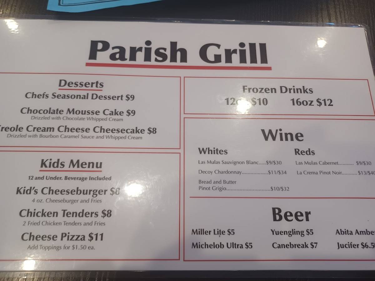 Menu at Parish Grill pizzeria, Metairie