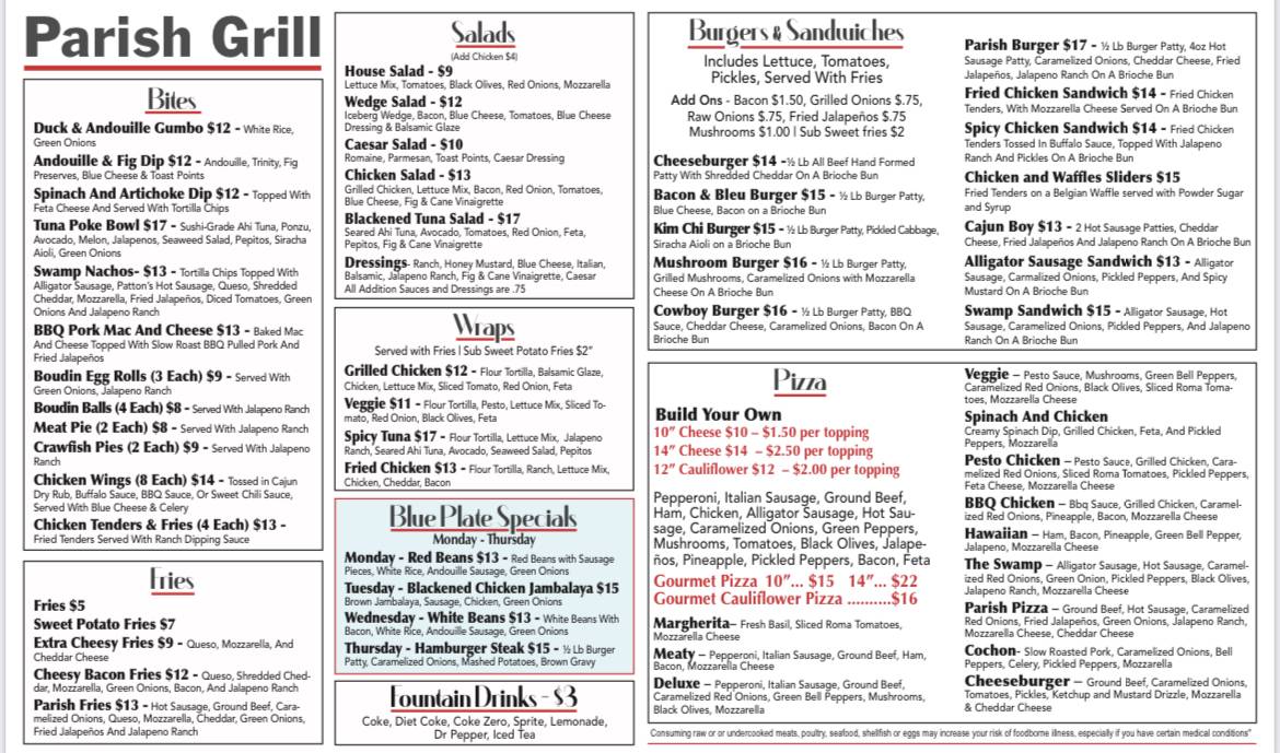 Menu at Parish Grill restaurant, Metairie