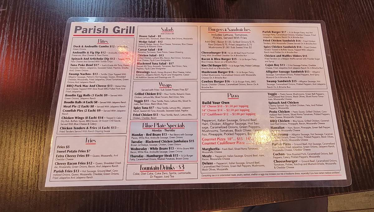 Menu at Parish Grill restaurant, Metairie