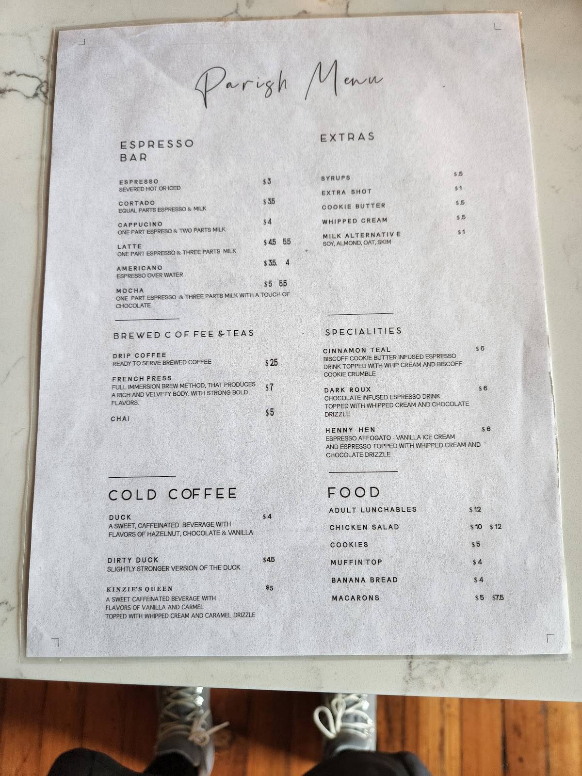 Menu at Parish Waterfowl & Espresso Bar, Vicksburg