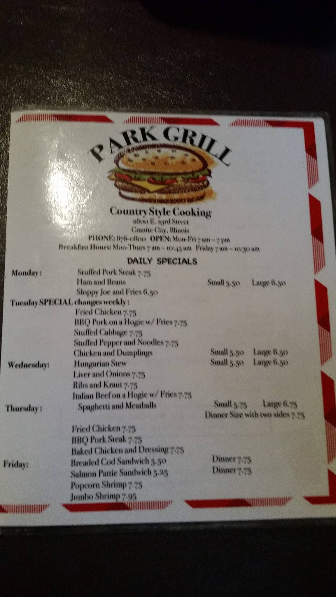 Menu at Park Grill restaurant, Granite City