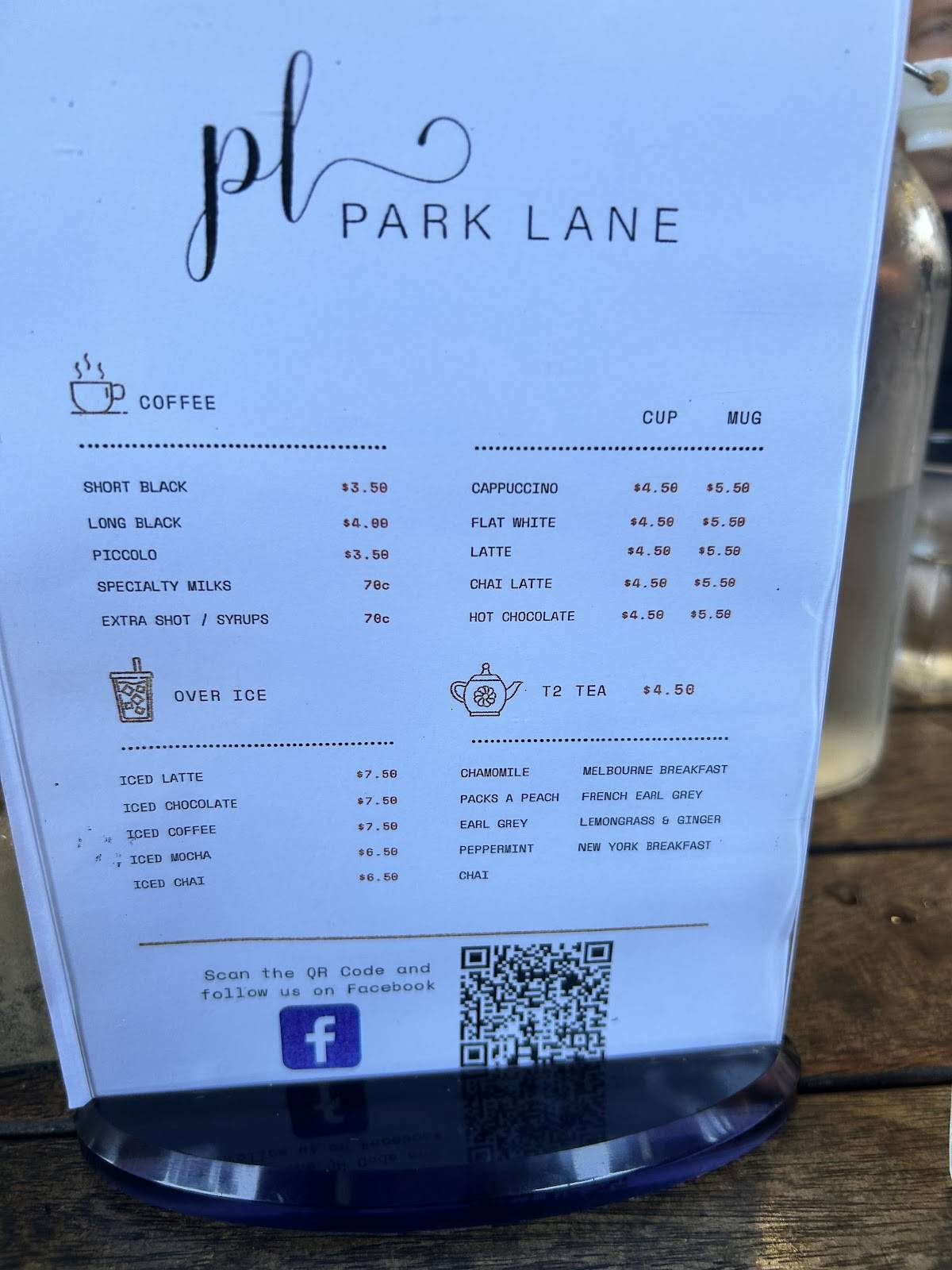 Menu at Park lane cafe, Richmond