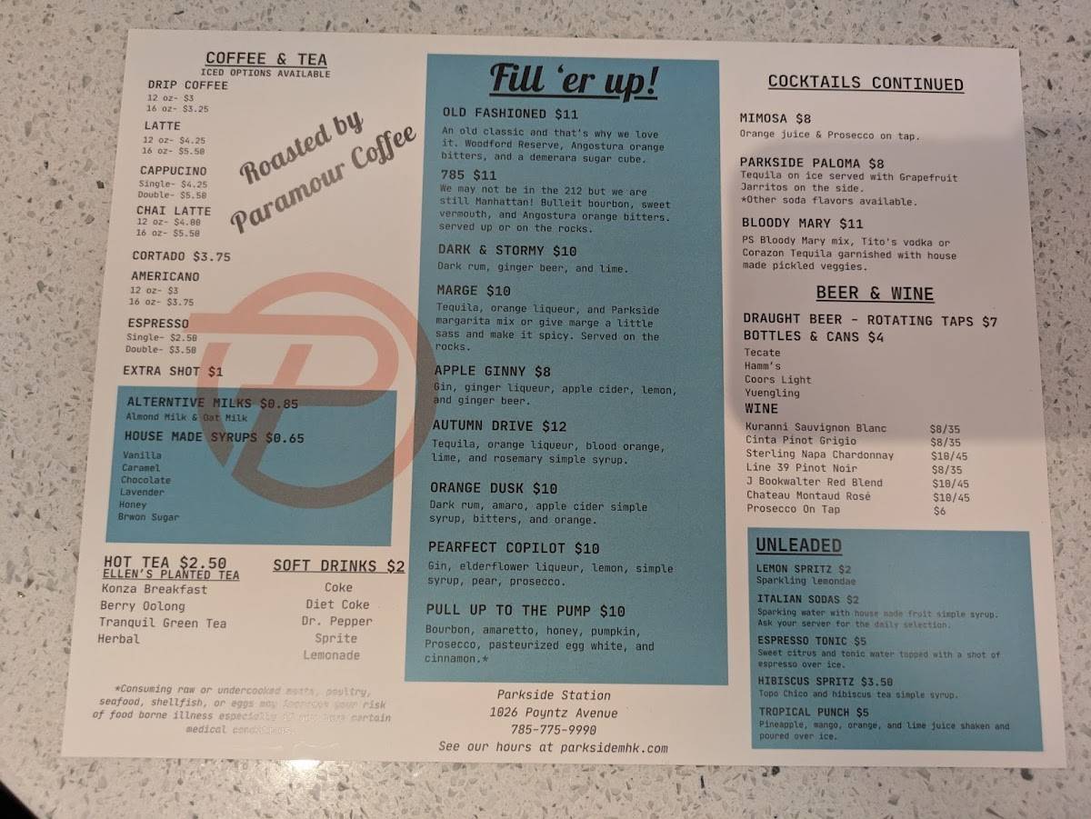 Menu at Parkside Station restaurant, Manhattan