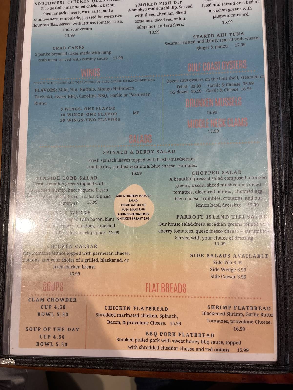 Menu at Parrott Island steakhouse, Okeechobee